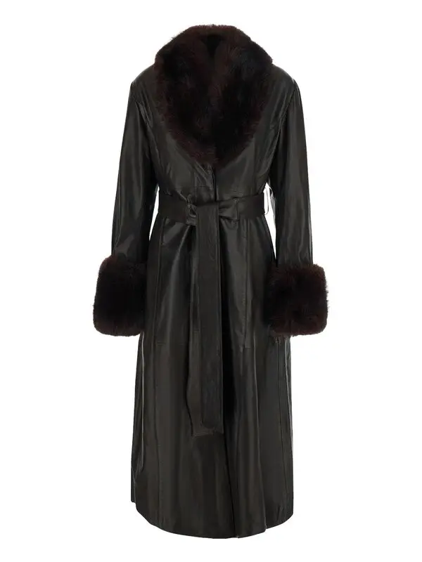 ROTATE BY BIRGER CHRISTENSEN Brown Coat With Eco Fur Collar And Cuffs And Removable Front Belt In Leather For - Multicolor