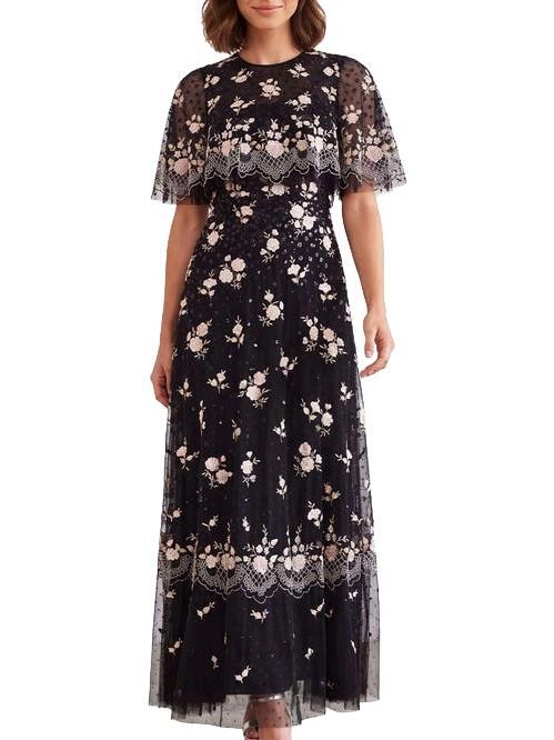 NEEDLE & THREAD Henrietta Embroidered Scallop Cape Dress - Jet Black/multi