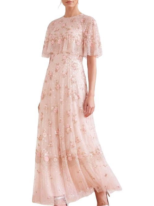 NEEDLE & THREAD Henrietta Embroidered Scallop Cape Dress - Soft Peony/multi