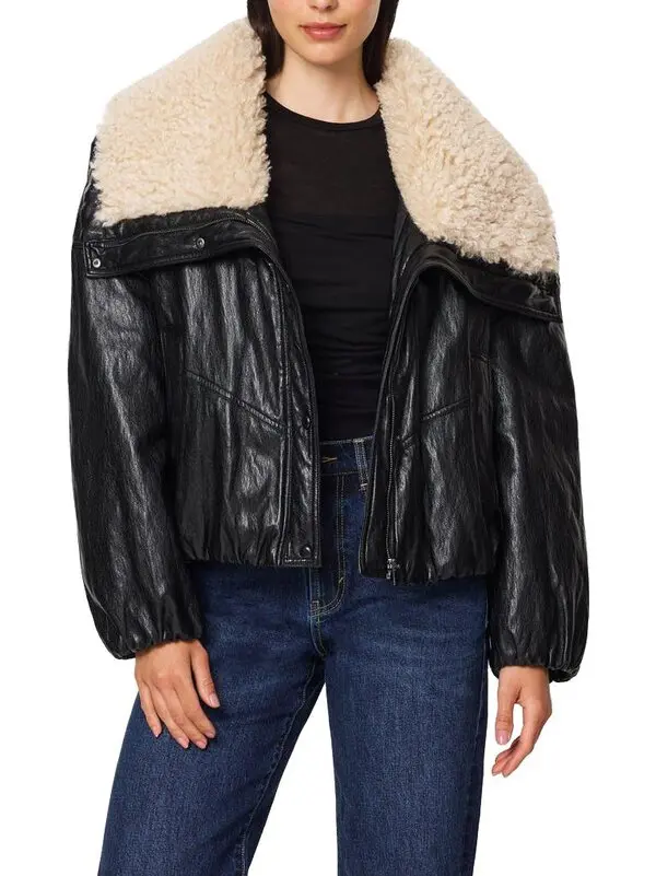 Habitual Faux Leather Jacket With Faux Shearling Collar - Black