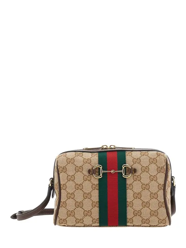 Gucci Shoulder Bag With Horsebit Plaque And Web Stripe And Adjustable Strap In Gg Canvas For - Brown