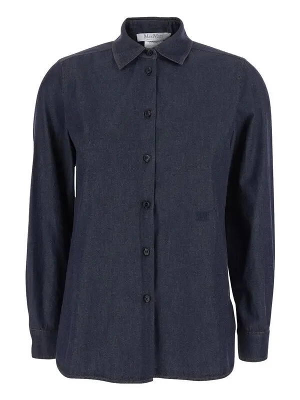 Max Mara Molo' Blue Shirt With Classic Collar And Logo Embroidery On The Front In Cotton For - Multicolor
