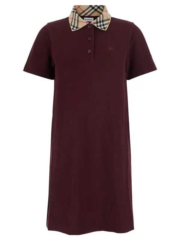 Burberry Iris' Bordeaux Dress With Classic Collar With Motif Check And Ekd Embroidery On The Front In Cotton For - Multicolor