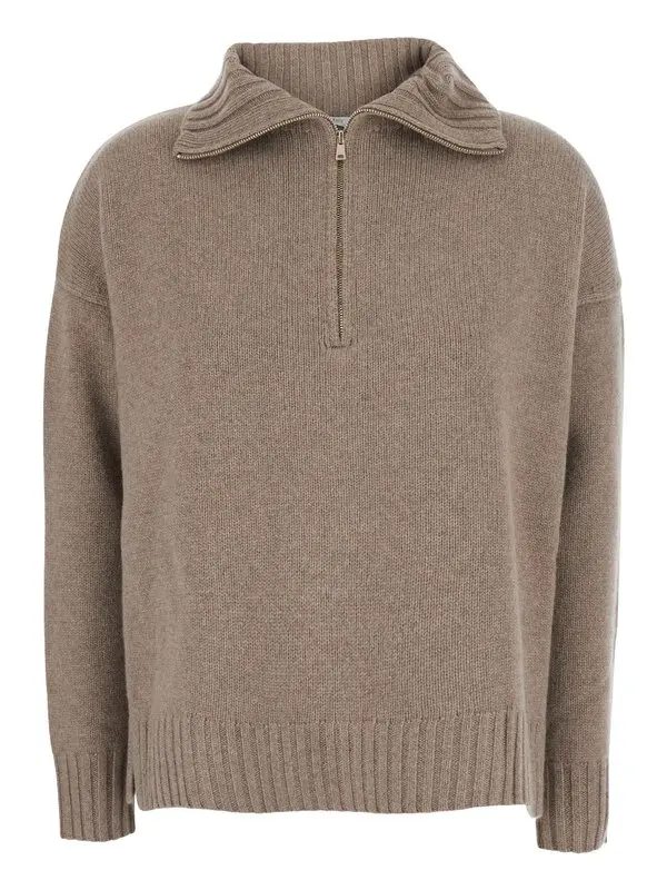 Max Mara Crasso' Beige Sweater With Dropped Shoulders And Front Zip Closure In Cashmere For - Cream