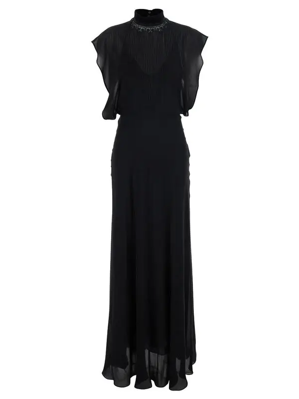 Fendi Black Long Sleeveless Dress With Cape-effect Bodice And Embroidered Neck In Silk For - Multicolor