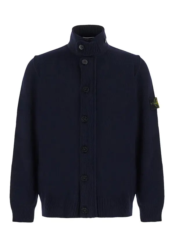 Stone Island Blue Cardigan With High Collar And Logo Patch On The Sleeve In Wool For - Multicolor