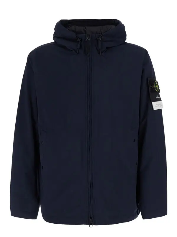 Stone Island Blue Jacket With Hood And Logo Patch On The Sleeve In Tech Fabric - Multicolor