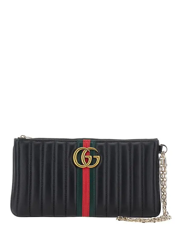 Gucci Marmont' Black Clutch With Chain Shoulder Strap And Web Stripe With Gg Plaque On The Front In Leather For - Multicolor