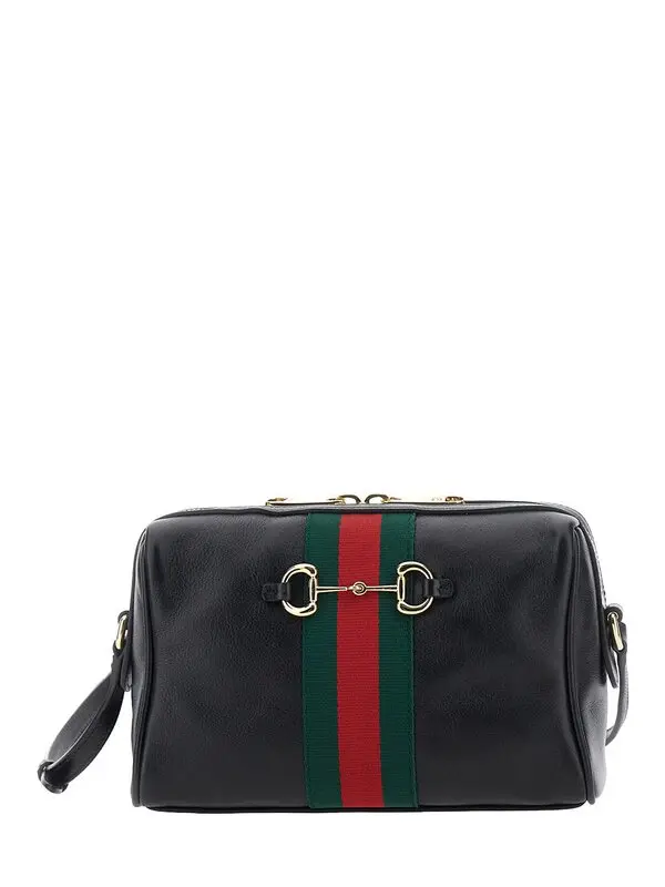 Gucci Shoulder Bag With Horsebit Plaque And Web Stripe And Adjustable Shoulder Strap In Leather For - Black