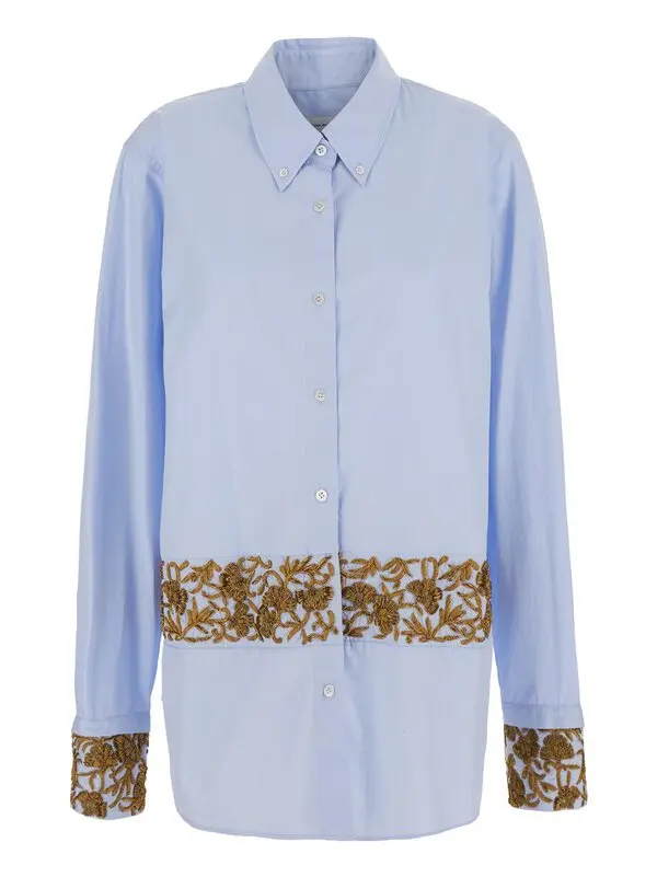 Dries Van Noten Cheers' Light Blue Shirt With Applied Embroidery On The Waist And Sleeves In Cotton - Multicolor