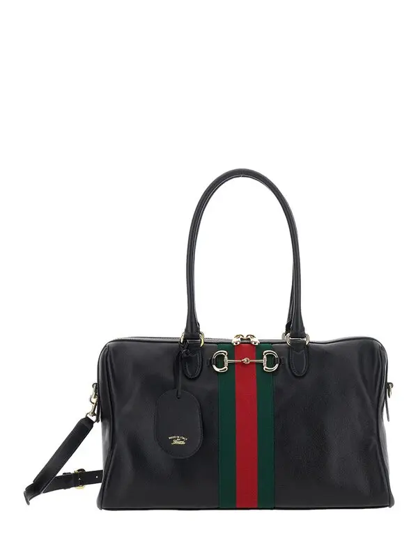Gucci Black Shoulder Bag With Horsebit And Web Ribbon In Leather For - Multicolor
