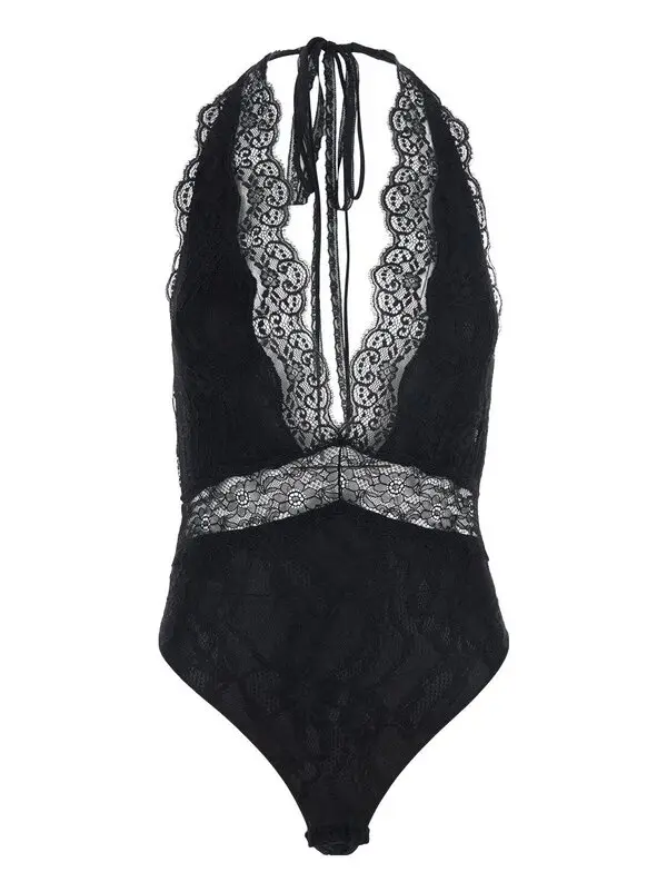 Andamane Florida' Black Bodysuit With Tie-neck Closure And Lace Embroidery In Tech Fabric For - Multicolor