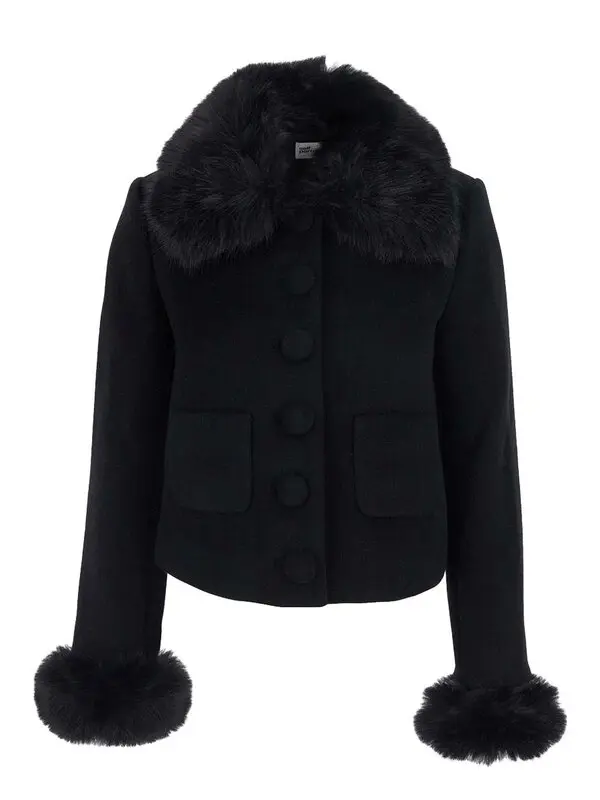 SELF-PORTRAIT Black Jacket With Eco-fur Details And Front Pockets In Wool Blend - Multicolor