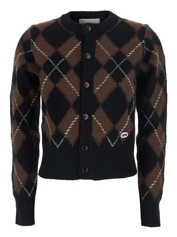 AMI Paris Brown Crew-neck Cardigan With All-over Argyle Motif And Logo Patch On The Front In Wool - Multicolor