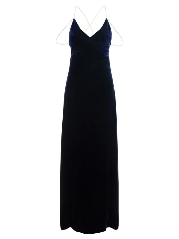 FORTE_FORTE Blue Long Dress With Straps Featuring A Beaded Design And A V-neck In Velvet For - Multicolor