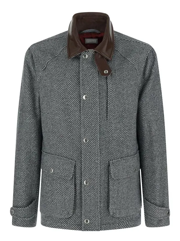 Brunello Cucinelli Grey Jacket With Leather Collar And Diagonal Motif In Cashmere And Silk For - Multicolor