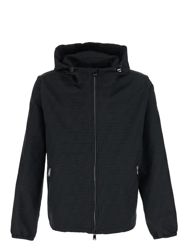 Fendi Black Jacket With Drawstring Hood And All-over Ff Motif In Tech Fabric For - Multicolor