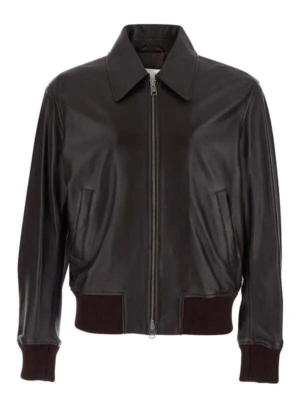 AMI Paris Brown Jacket With Classic Collar And Elasticated Trims In Leather For - Multicolor