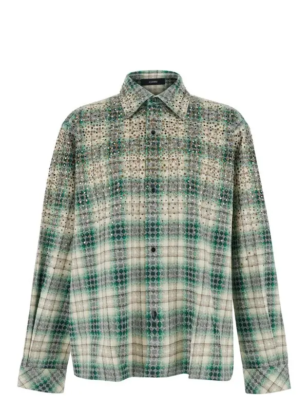 Amiri Green Shirt With Crystal Decoration And All-over Check Motif In Cotton For - Multicolor