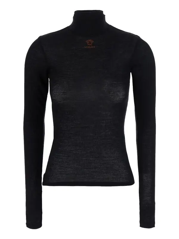 Versace Black High-neck Top With Embroidered Medusa Logo On The Front In Wool For - Multicolor