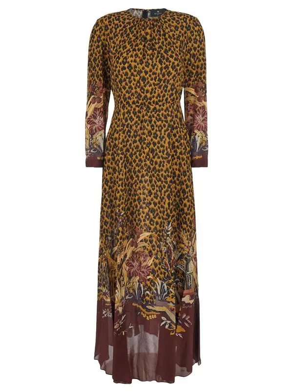 Etro Brown Long Dress With All-over Animalier Motif In Tech Fabric - Multicolor