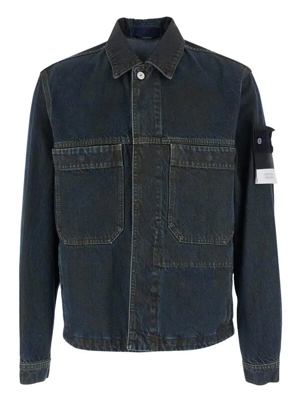 Stone Island Blue Jacket With Classic Collar And Logo Patch On The Sleeve In Denim For - Multicolor