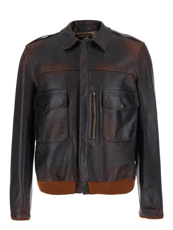 GOLDEN GOOSE Brown Jacket With Classic Collar And Ribbed Trims In Leather For - Multicolor