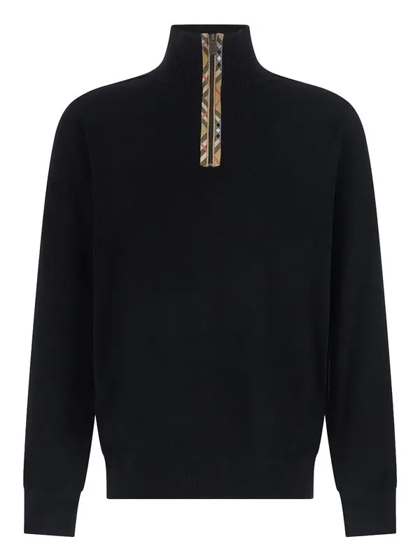 Burberry Black High-neck Sweater With Zip And Check Detail In Wool Blend For - Multicolor