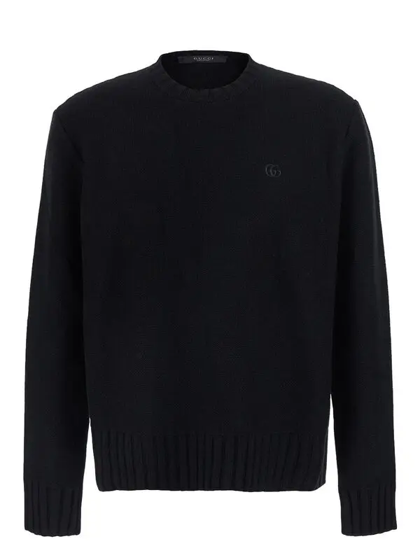 Gucci Black Crewneck Sweater With Gg Logo Embroidered On The Front In Wool And Cashmere - Multicolor