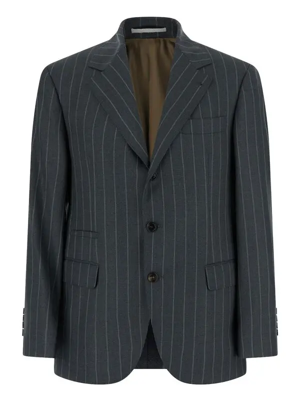 Brunello Cucinelli Grey Single-breasted Jacket With Notched Revers And All-over Pinstripe Motif In Wool For - Multicolor