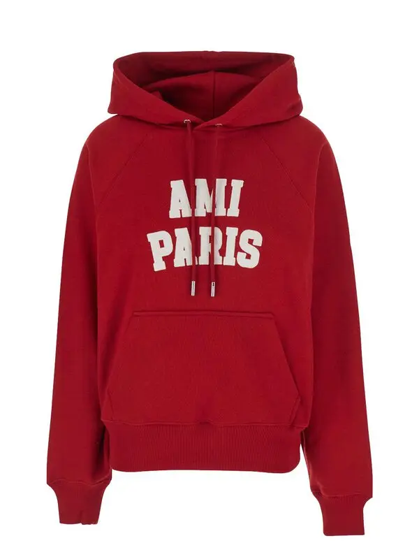 AMI Paris Red Hoodie With Drawstring Hood And Maxi Logo Lettering On The Front In Cotton For - Multicolor