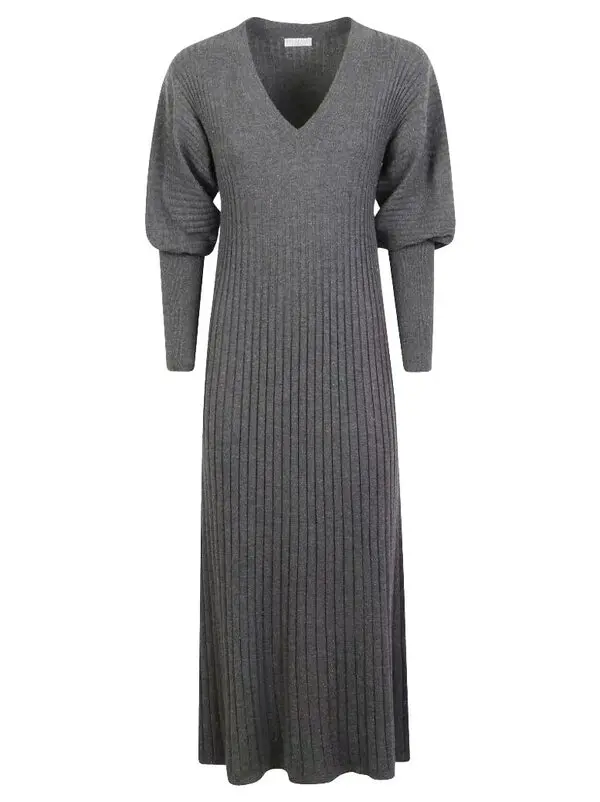 Brunello Cucinelli Ribbed-knit V-neck Dress - Grey