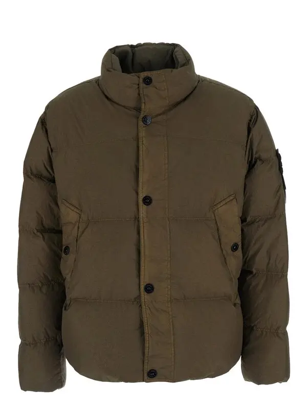 Stone Island Green High Collar Jacket With Logo Patch On Sleeve In Tech Fabric For - Multicolor