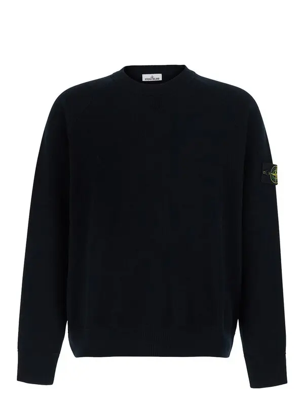 Stone Island Black Crew Neck Sweater With Logo Patch On The Sleeve In Wool Blend - Multicolor