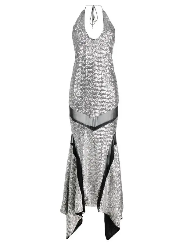 Attico Saskia Sequinned Asymmetric Hem Maxi Dress - Gray