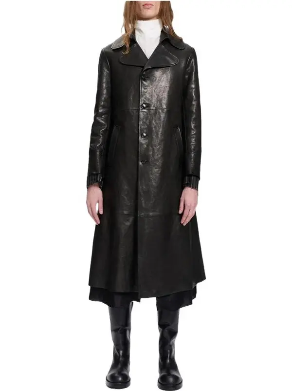 ANN DEMEULEMEESTER Long-sleeved Leather Coat - Black