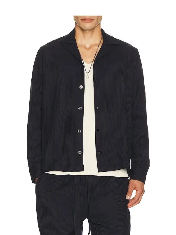 Frescobol Carioca Safra Wool Knitted Camp Collar Long Sleeve Shirt - Navy