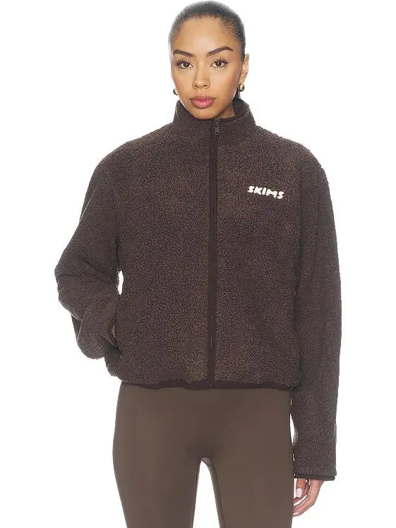SKIMS Teddy Boxy Zip Up Jacket In Brown - Espresso