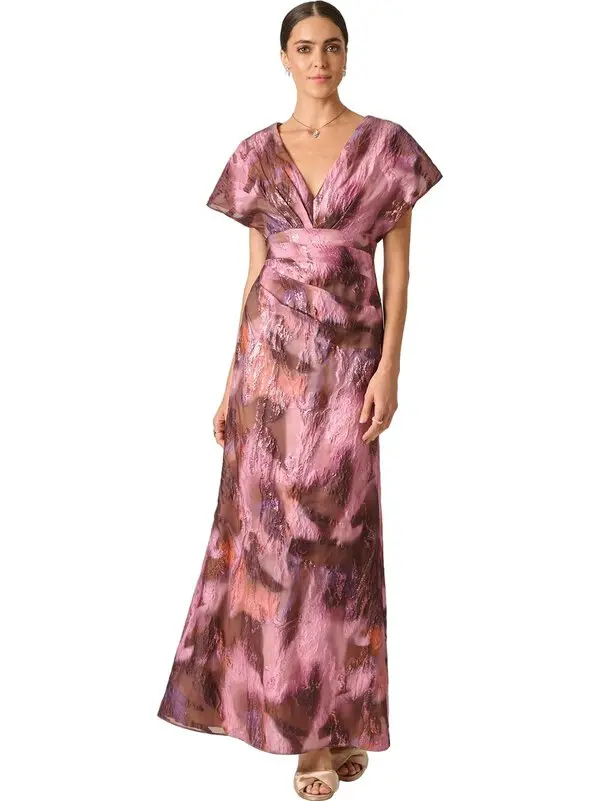 Aidan Mattox Short Sleeve Organza Jacquard Draped Plunge Gown - Berry Multi