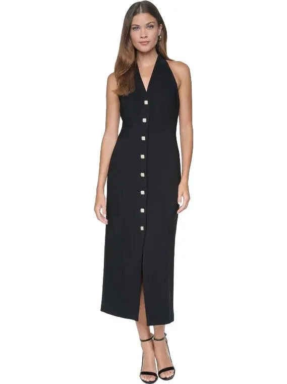Halston Halter Button-front Midi Dress - Black