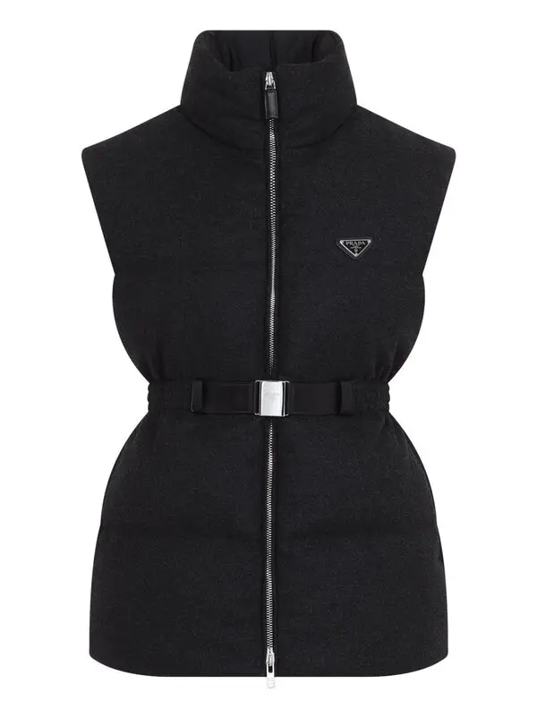 Prada Belted Zip-front Puffer Vest - Grey