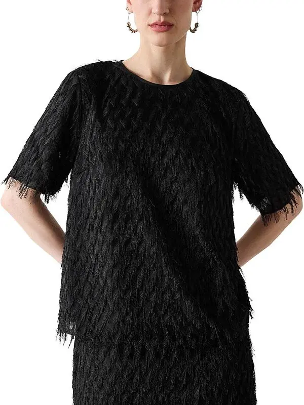 Whistles Tufted Fringe Short Sleeve Top - Black