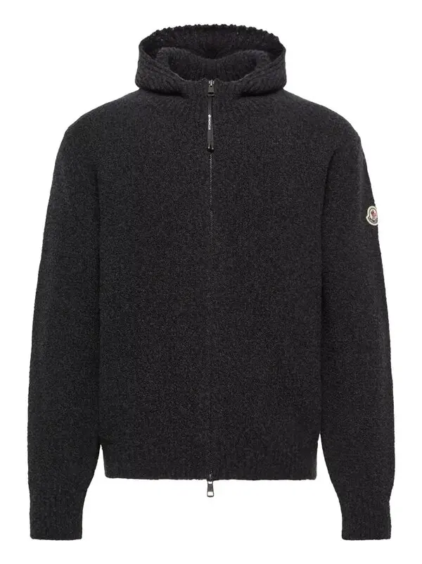 Moncler Felpa Con Zip E Cappuccio In Misto Lana Boucl - Black