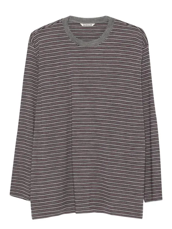 Auralee Soft Smooth Wool Stripe Jersey Long Sleeve Tee 'gray Stripe - Tan