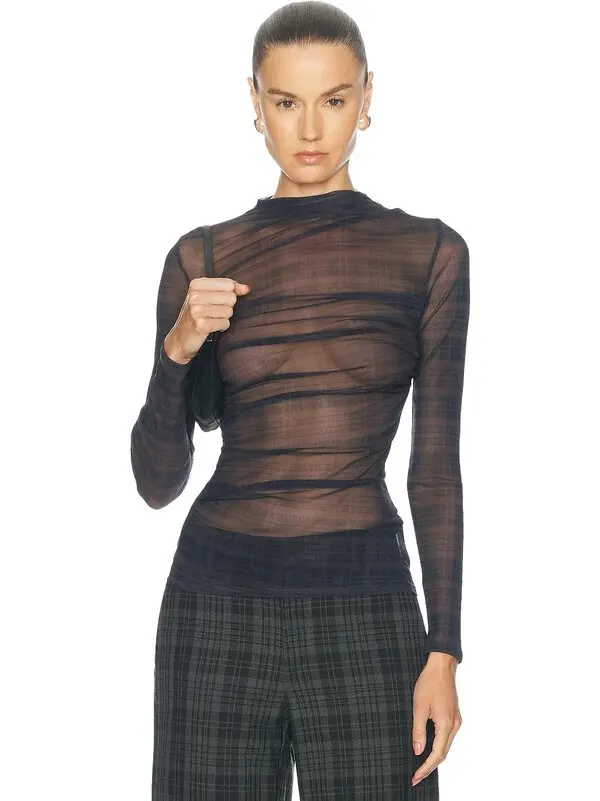 Enza Costa Mesh Long Sleeve Twist Top In Grey - Shadow Plaid