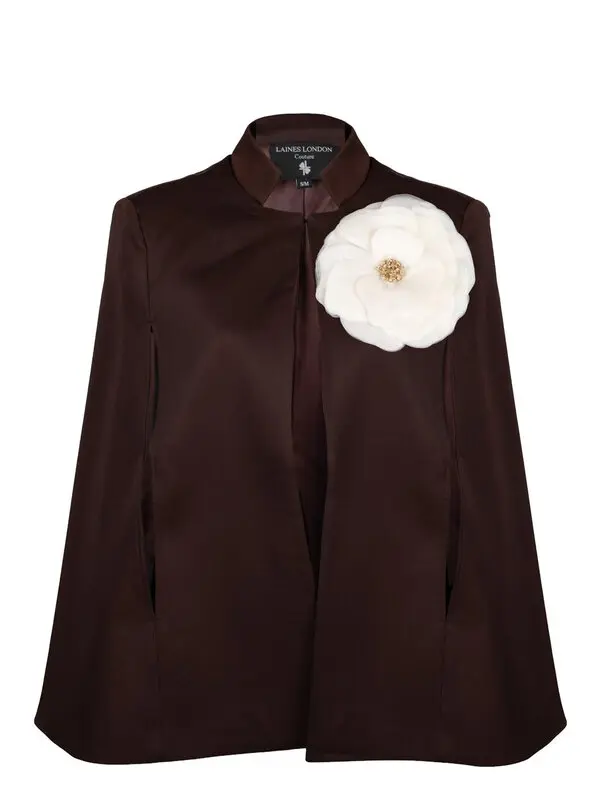 LAINES LONDON Neutrals Laines Chocolate Couture Tailored Cape With Embellished Cream Organza Flower - Brown