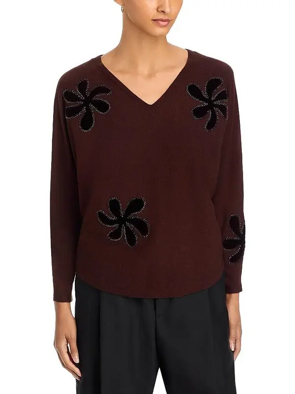 SIONI Flower Embellished V Neck Sweater - Choco Pudding