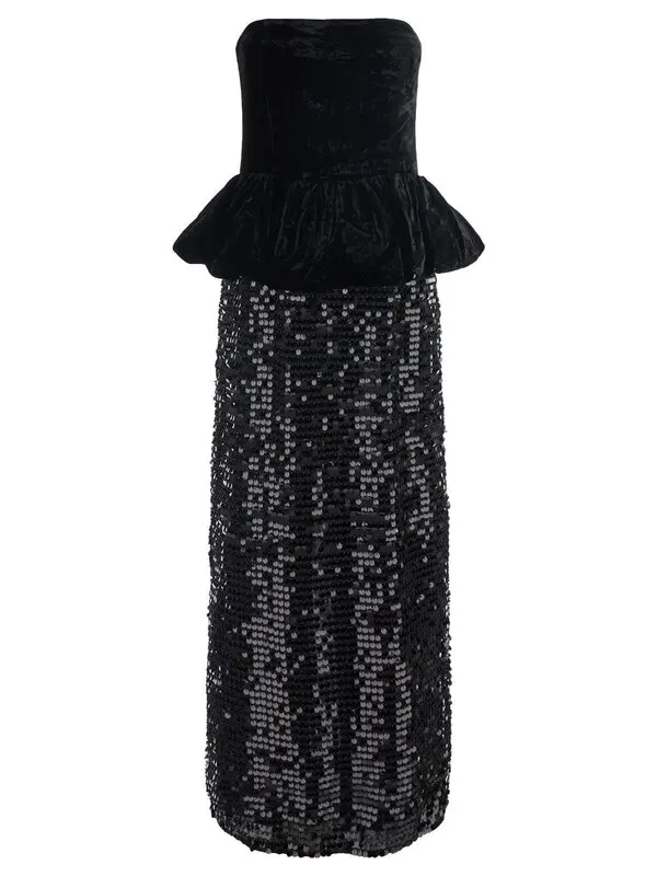 ROTATE BY BIRGER CHRISTENSEN Sequin Maxi Peplum Dress With V-neck And Long Sleeves - Black