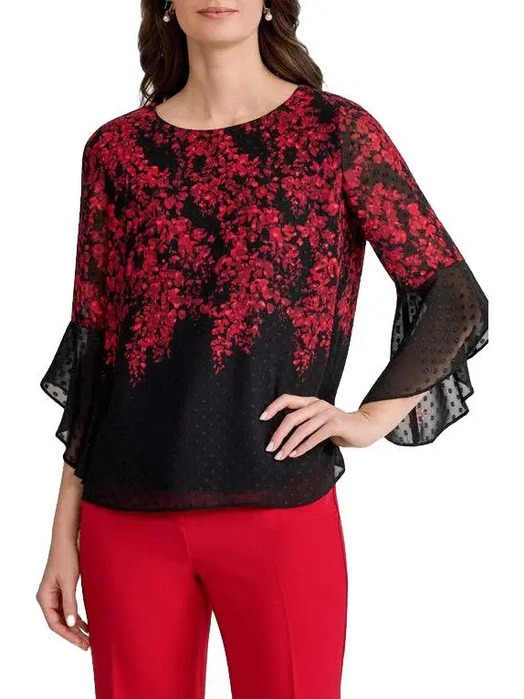 KASPER Ruffle Sleeve Clip Dot Chiffon Top - Black Multi