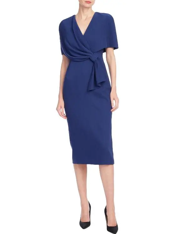 Badgley Mischka Wrap Shoulder Midi Sheath Dress - Admiral